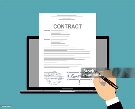 노트북 벡터 일러스트레이션의 온라인 전자 문서 컴퓨터 화면에 서명이 있는 평면 만화 종이 문서 디지털 또는 인터넷 사무실 개념 온라인 거래 웹 서류 계약서에 대한 스톡 벡터