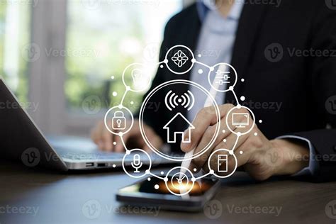 Hand Using Ai Smart Tablet With Smart Home App On The Room Circular