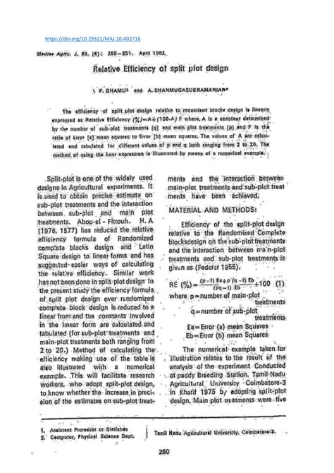 PDF Relative Efficiency Of Split Plot Design