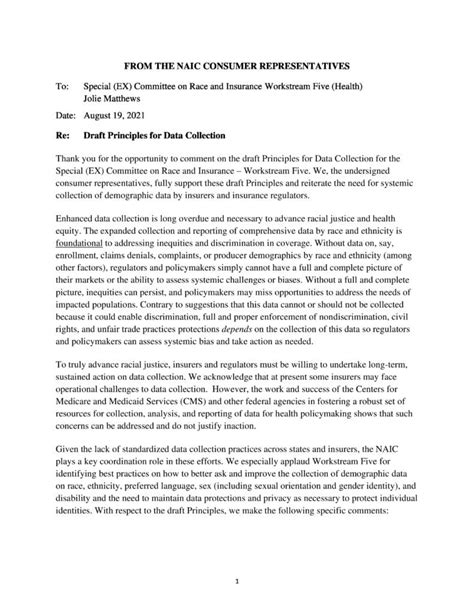 Draft Principles For Data Collection Consumer Health Reps At Naic