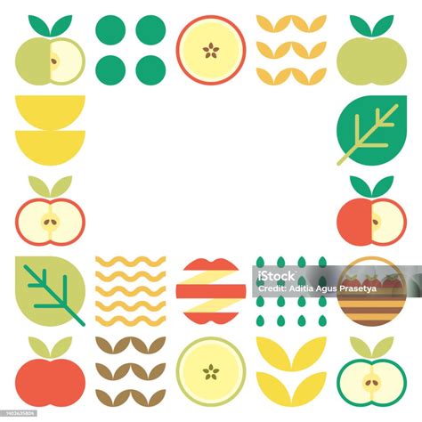 애플 프레임 추상 작품 미니멀리스트 스타일의 다채로운 사과 패턴 나뭇잎 및 기하학적 기호의 디자인 일러스트레이션 전체 과일 자르고 쪼개기 흰색 배경에 간단한 플랫 벡터 0