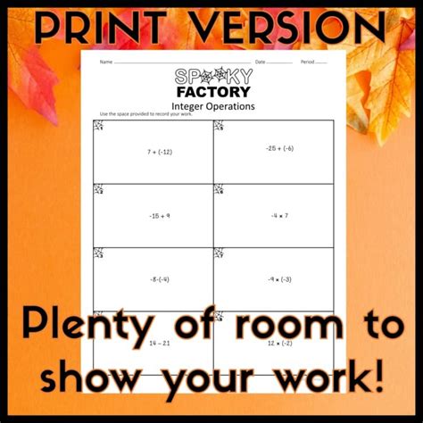 Integer Operations Prealgebra Halloween Activity Add Subtract Multiply Divide