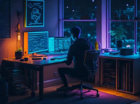 Premium AI Image Student Doing Coding On His Computer Setup With Proper Lighting In Night
