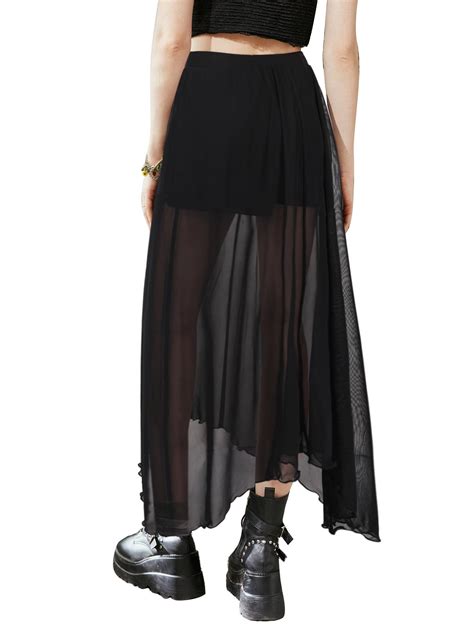 Avanova Women Mesh Sheer Side Slit Long Skirts High Waisted See Through