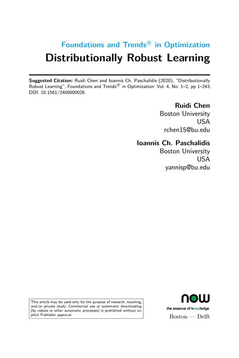 Pdf Distributionally Robust Learning