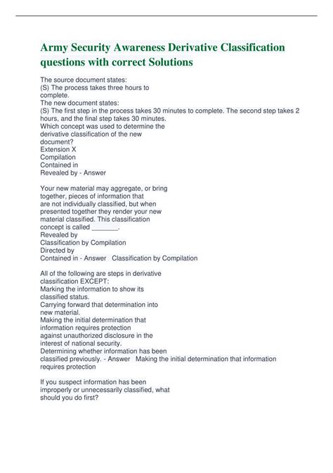 Army Security Awareness Derivative Classification Questions With Correct Solutions Derivative