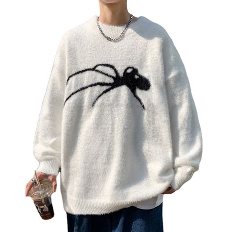 남성용 스파이더 패턴 스웨터 니트 풀오버 한국 패션 스트리트웨어 겨울 남성 의류 신제품 Aliexpress