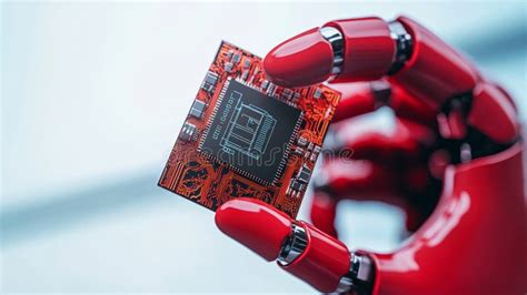 Robotic Red Hand Grasping Ai Microchip On A Clean White Background For Futuristic Technology