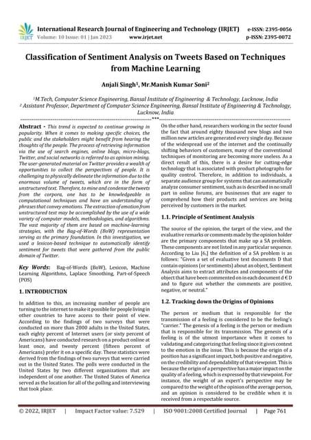Classification Of Sentiment Analysis On Tweets Based On Techniques From Machine Learning Pdf