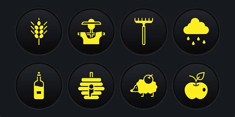 와인 한 병 비가 내리는 구름 꿀벌을 위한 벌집 고슴도치 정원 갈퀴 허수아비 사과 및 밀 아이콘을 설정합니다 벡터 0명에 대한 스톡 벡터 아트 및 기타 이미지 Istock