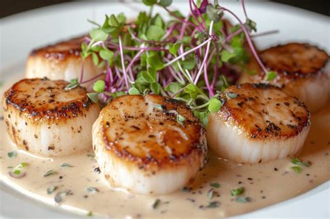 Seared Scallops With Creamy Sauce And Microgreens Gourmet Seafood Dish