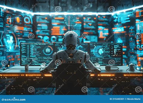 Artificial Intelligence Robot Humanoid Android That Operates Multiple Computers And Screens