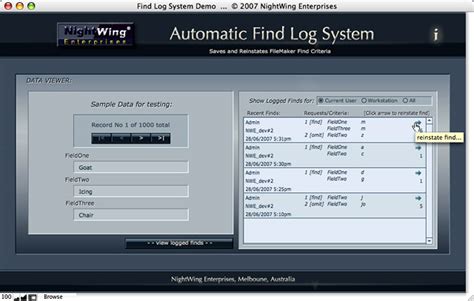 NightWing Enterprises Find Log System Demo For FileMaker Pro