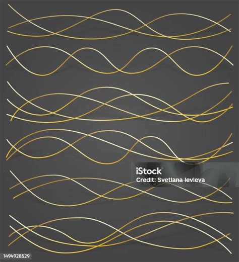 3d 물결 모양의 금색 선이 어두운 배경에 휩쓸립니다 럭셔리한 아름다움은 얇은 곡선 시냇물 흐름 패턴으로 소용돌이칩니다 실크 섬유 또는 Fablic 반짝이는 장식과 같은