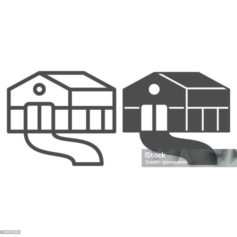 도로 라인과 단색 아이콘 건설 현장 개념과 창고 벡터 그래픽 흰색 배경에 스토리지 건물 간판 모바일 또는 웹 디자인을위한 개요 스타일 아이콘 건물 외관에 대한 스톡 벡터