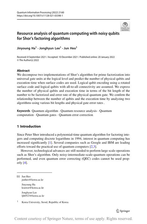 Pdf Resource Analysis Of Quantum Computing With Noisy Qubits For Shor