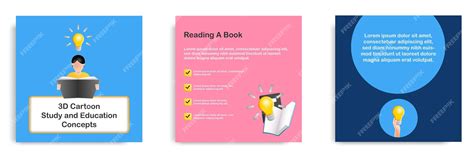 책 개념 읽기를 통한 3d 만화 아이디어 개발의 소셜 미디어 게시물 배너 템플릿 프리미엄 벡터