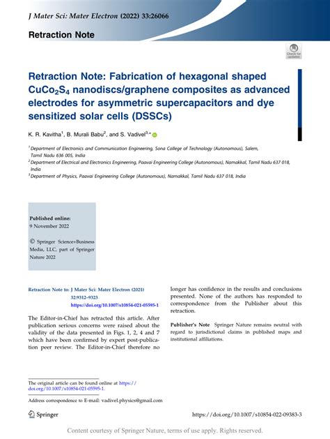 Retraction Note Fabrication Of Hexagonal Shaped Cuco2s4 Nanodiscsgraphene Composites As