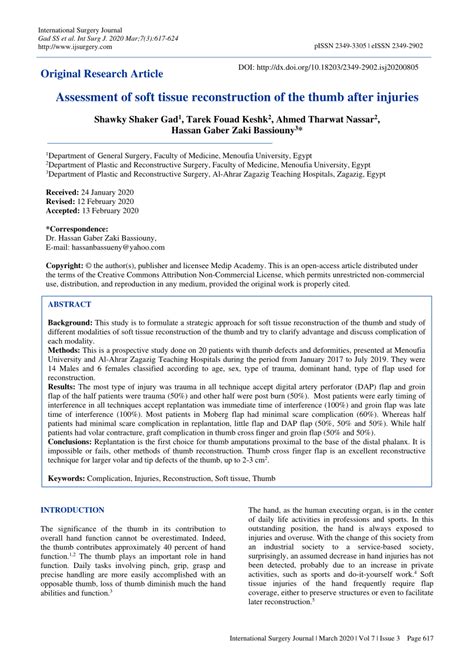 Pdf Assessment Of Soft Tissue Reconstruction Of The Thumb After Injuries