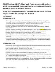 MINERALS LAB INSTRUCTIONS And PRE LAB WORKSHEET Pdf MINERALS Sept 12 25th 50 Pts Total