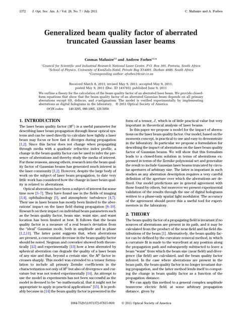 Pdf Generalized Beam Quality Factor Of Aberrated Truncated Gaussian