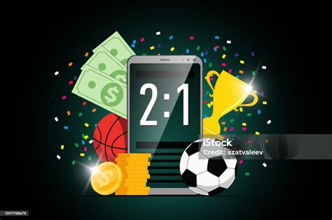 스마트 폰 화면과 축구 농구 공 트로피 수상 컵과 우승자 달러 동전에 통계 점수 판과 온라인 스포츠 도박 모바일 앱 배너 디자인 북메이커 프로모션 광고 마권 업자에 대한