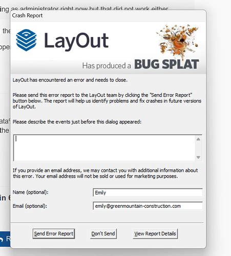 Layout Continually Having Bugsplat When Opened Technical Problems