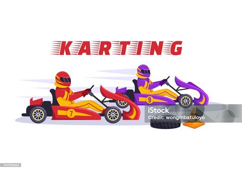 경주 게임과 카트 스포츠 이동 카트 또는 미니 자동차 작은 회로 트랙에 플랫 만화 손으로 그린 템플릿 그림 고카트에 대한 스톡