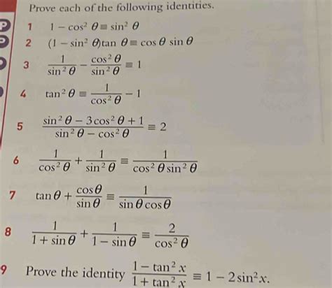 Solved Prove each of the following identities P 1 1 cos 2θ equiv sin 2θ 2 1 sin 2θ tan θ