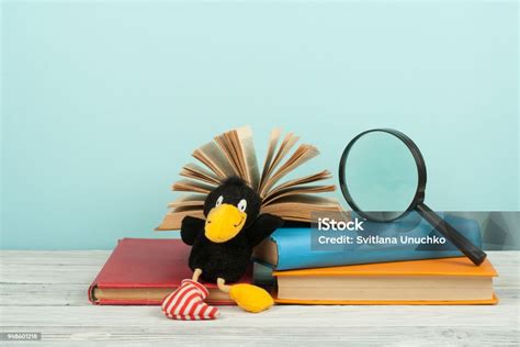 오픈도 서 나무 테이블에 대 한 Hardback 화려한 책 돋보기 장난감 까마귀 학교 돌아가기 텍스트에 대 한 공간을 복사