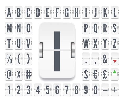 흰색 공항 터미널 기계적 플립 스코어보드 알파벳 글꼴에는 증권 환율 또는 항공편 출발 목적지 정보 및 시간표 벡터 그림이 포함되어 있습니다 프리미엄 벡터