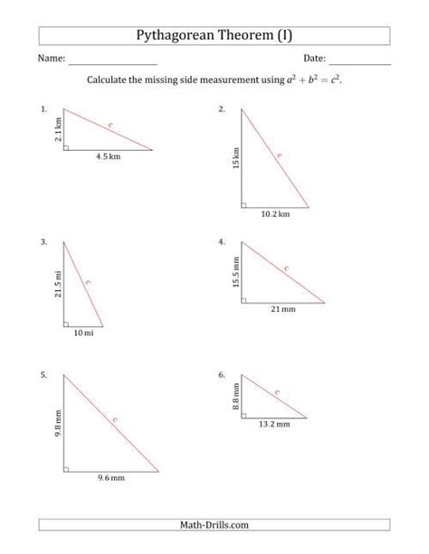 Pythagorean Theorem Worksheet Calculate Hypotenuse No Rotation