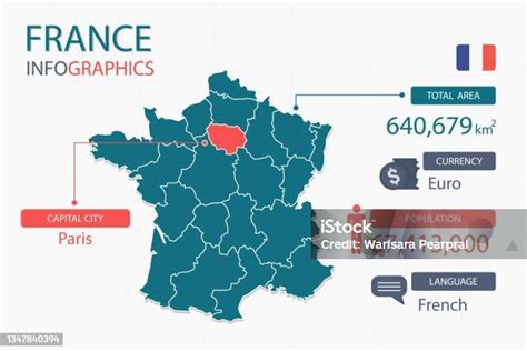 제목의 별도 프랑스지도 인포 그래픽 요소는 총 영역입니다 통화 모든 인구 언어와이 나라의 수도 벡터 그림입니다 프랑스에 대한 스톡 벡터 아트 및 기타 이미지 Istock