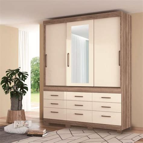 Guarda Roupa Casal Click 3 Portas De Correr 9 Gavetas Com Espelho E Pés Santos Andira Guarda