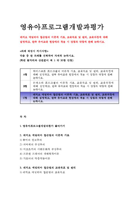 영유아프로그램개발과평가 레지오 에밀리아 접근법의 이론적 기초 교육목표 및 원리 교육과정에 대해 설명하고 한국 유아교육 현장에의 적용 시 강점과 약점에 관해 논하시오 영유아