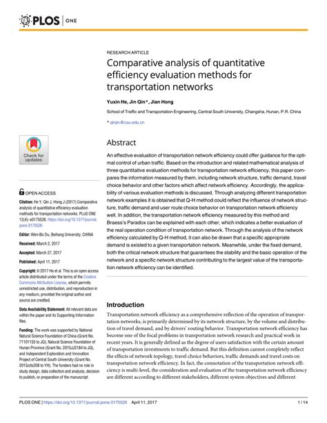 Pdf Comparative Analysis Of Quantitative Efficiency Evaluation Methods For Transportation Networks