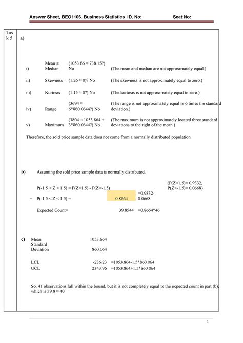 Demo Assignment Part Iii Answer Sheet Tas K 5 A I Mean ≠ Median 1053 ≈ 738 No The Mean