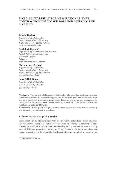 Pdf Fixed Point Result For New Rational Type Contraction On Closed Ball For Multivalued Mapping
