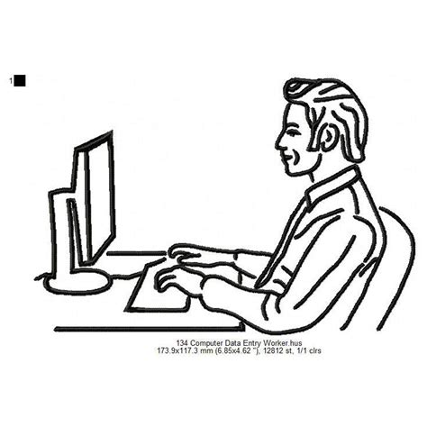 Computer Operator Programmer Line Art Machine Embroidery Digitized Des