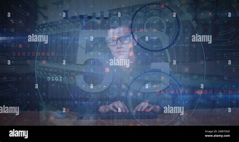 Image Of Scope Scanning With 5g Text And Data Processing Over Caucasian Hacker In Server Room