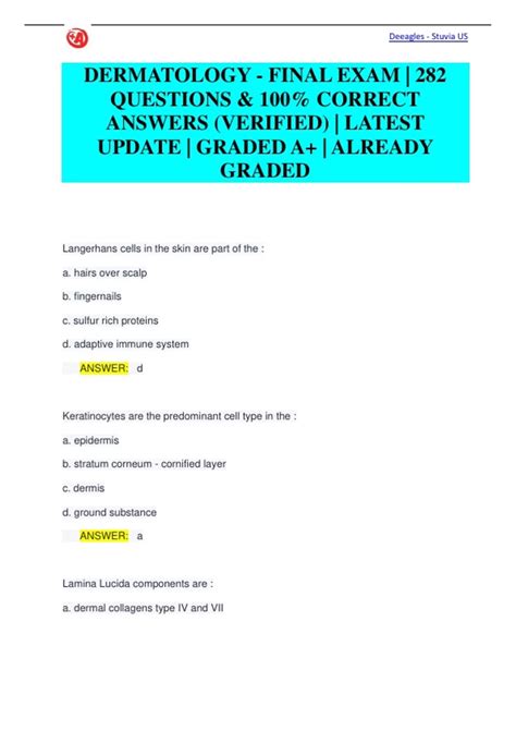 Dermatology Final Exam 282 Questions And 100 Correct Answers