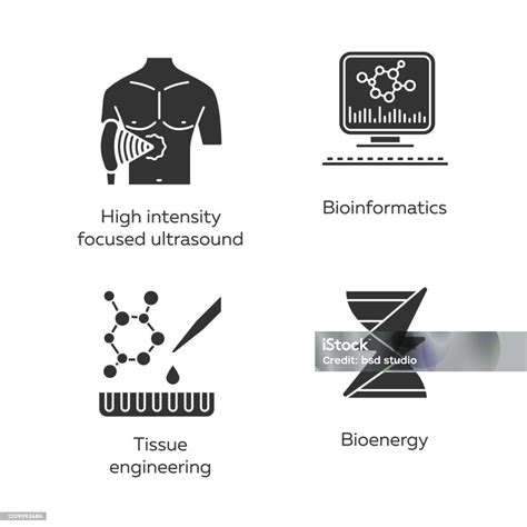 생명 공학 문양 아이콘 세트입니다 생명 공학 Hifu 생물 정보학 조직 공학 바이오 에너지 연구 및 치료를위한 기술 실루엣 기호입니다 벡터 절연 그림 고강도집속초음파에 대한