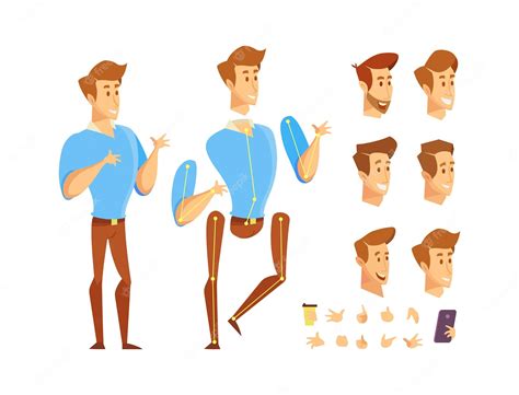 Мальчик парень для анимации с различными прическами и жестами Премиум векторы