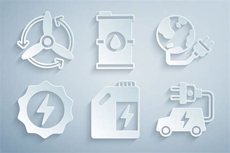 에코 연료 용기 글로벌 에너지 파워 행성 번개 볼트 전기 자동차 바이오 배럴 및 풍력 터빈 아이콘을 설정합니다 벡터 3차원 형태에 대한 스톡 벡터 아트 및 기타 이미지