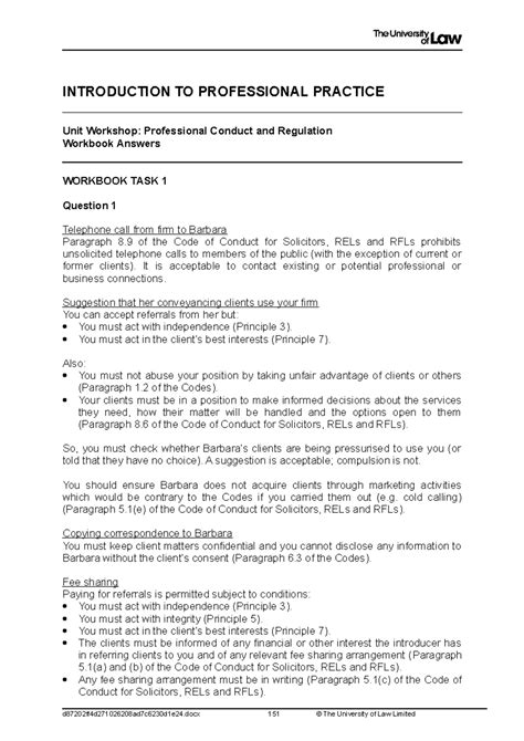 IPP Unit 7 Workbook Answers INTRODUCTION TO PROFESSIONAL PRACTICE Unit Workshop Professional