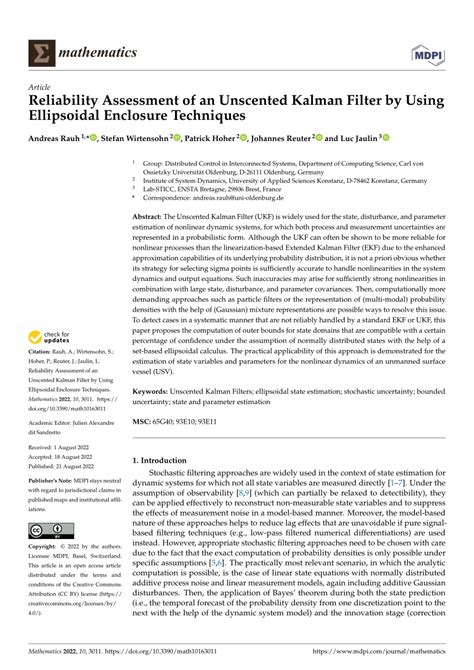 Pdf Reliability Assessment Of An Unscented Kalman Filter By Using Ellipsoidal Enclosure Techniques