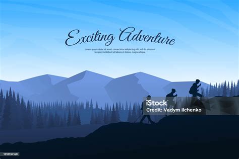 벡터 그림입니다 자연을 발견하고 탐험하고 관찰하는 여행 개념 하이킹 모험 관광 배낭과 여행 막대기로 걷는 친구 웹 사이트 템플릿입니다 자연 벽지 실루엣에 대한 스톡 벡터