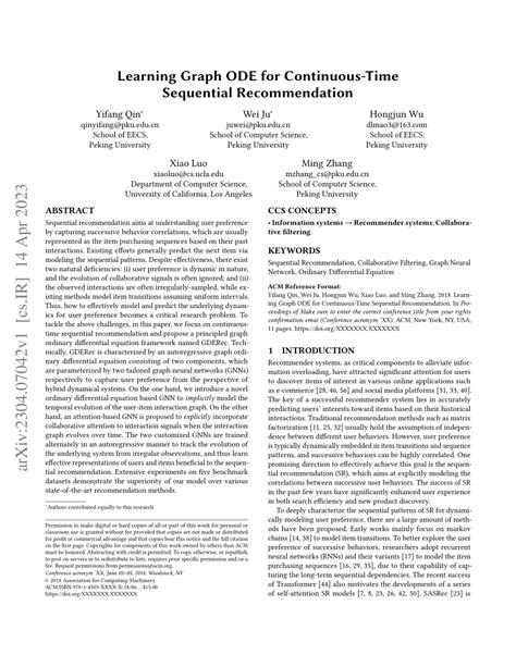 Pdf Learning Graph Ode For Continuous Time Sequential Recommendation