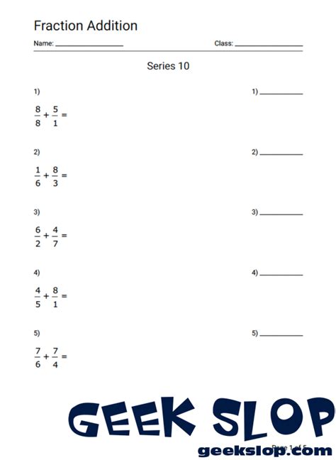 Math Fraction Addition Practice Worksheet Series 10 Geek Slop Online