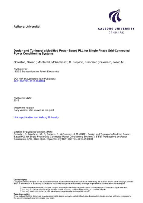 Pdf Design And Tuning Of A Modified Power Based Pll For Single Phase